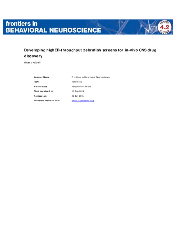 (PDF) Developing highER-throughput zebrafish screens for in-vivo CNS ...