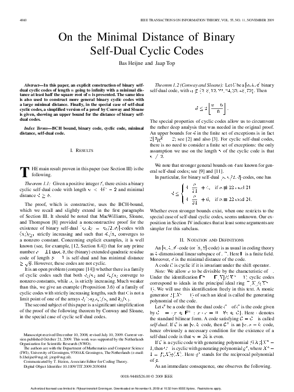 (PDF) On the Minimal Distance of Binary Self-Dual Cyclic Codes