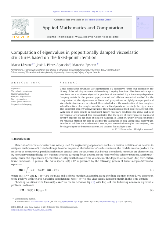 Pdf Computation Of Eigenvalues In Proportionally Damped Viscoelastic Structures Based On The