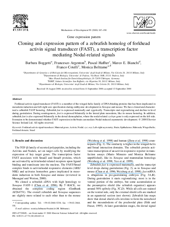(PDF) Cloning and expression pattern of a zebrafish homolog of forkhead ... (PDF) Cloning and expression pattern of a zebrafish homolog of forkhead ...