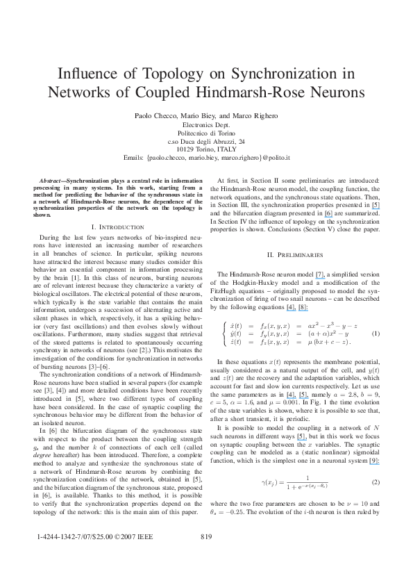 (PDF) Influence of topology on synchronization in networks of coupled Hindmarsh-Rose neurons
