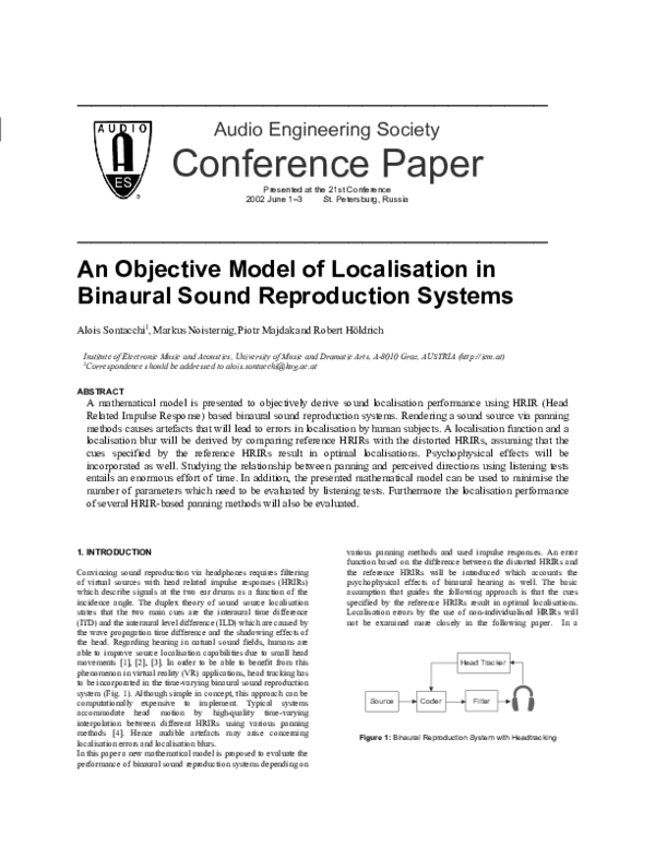 (PDF) An Objective Model of Localisation in Binaural Sound Reproduction Systems