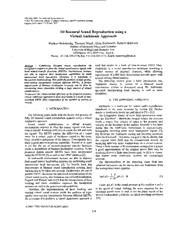 (PDF) 3D binaural sound reproduction using a virtual ambisonic approach