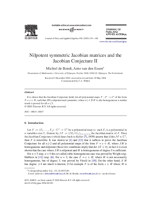 (PDF) Nilpotent symmetric Jacobian matrices and the Jacobian conjecture