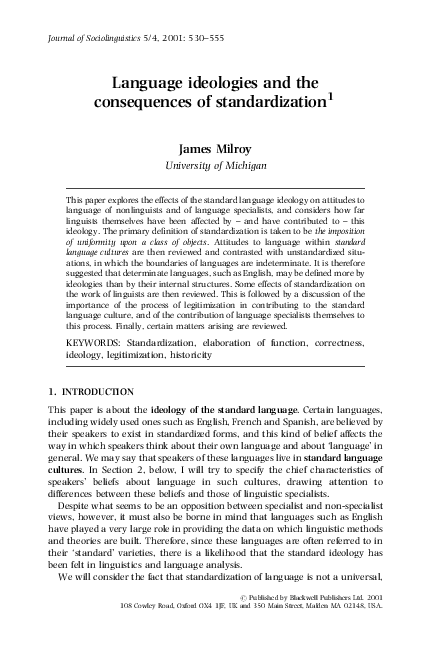 (PDF) Language ideologies and the consequences of standardization 1