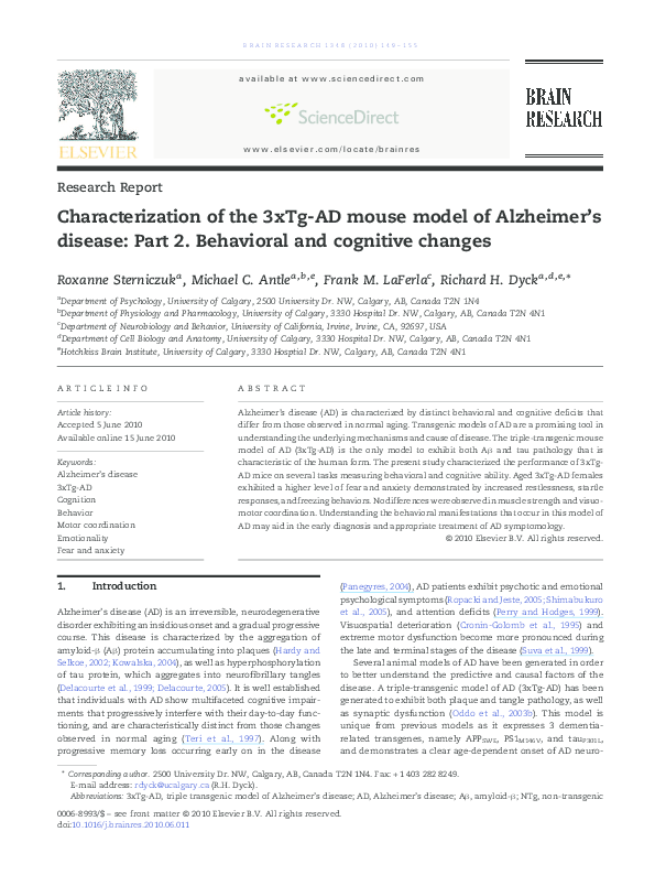 (PDF) Characterization of the 3xTg-AD mouse model of Alzheimer's ...