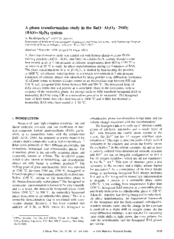 (PDF) A phase transformation study in the BaO · Al2O3 · 2SiO2 (BAS)–Si3N4 system
