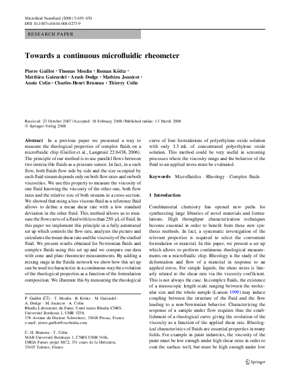 (PDF) Towards a continuous microfluidic rheometer