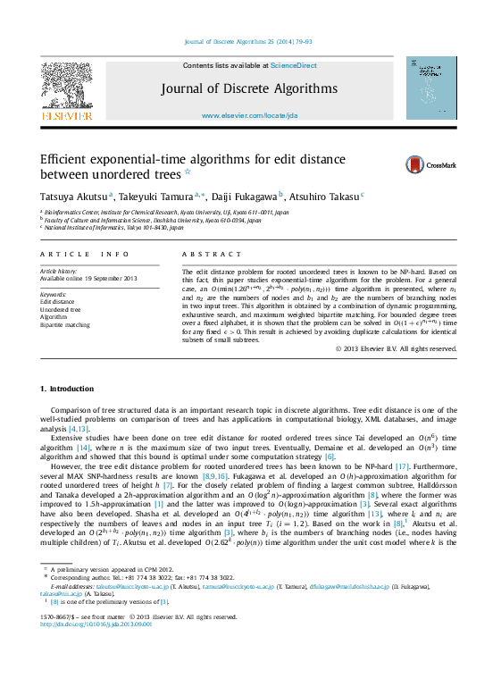 (PDF) Efficient exponential-time algorithms for edit distance between unordered trees