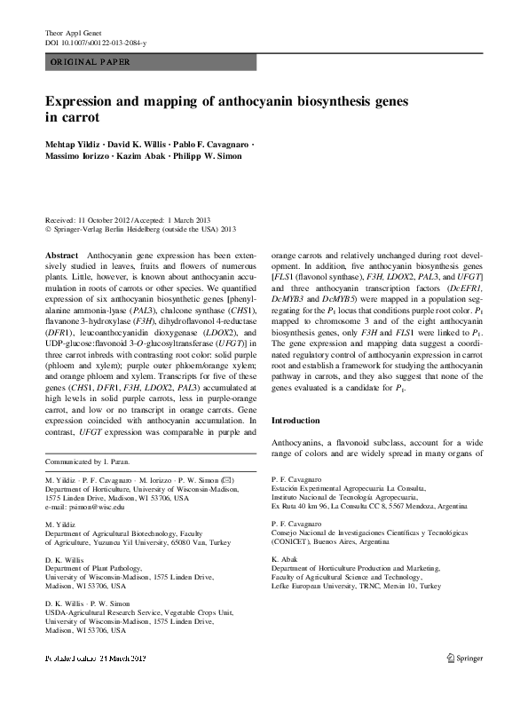 (PDF) Expression and mapping of anthocyanin biosynthesis genes in carrot | Mehtap Yildiz and ...