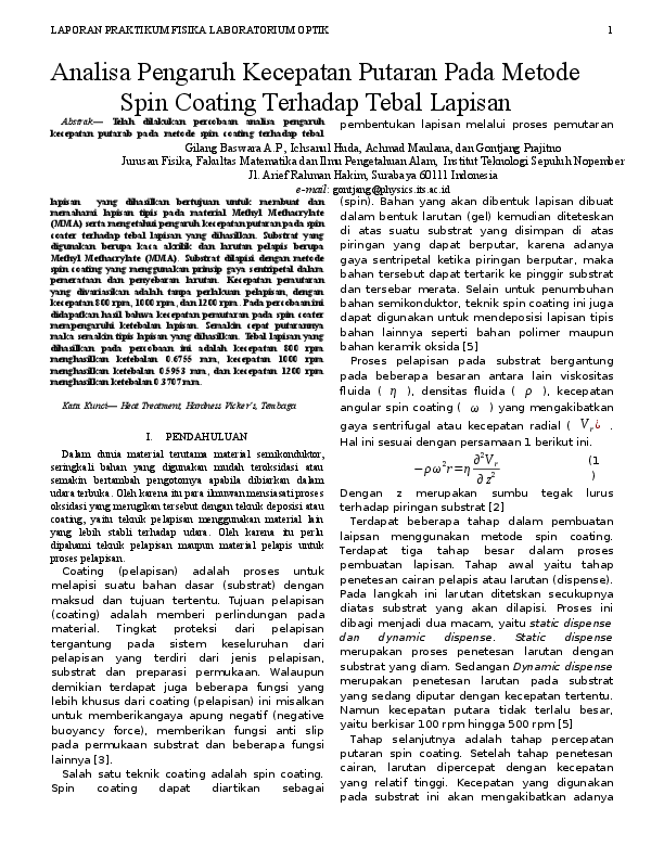 (DOC) Analisa Pengaruh Kecepatan Putaran Pada Metode Spin Coating Terhadap Tebal Lapisan