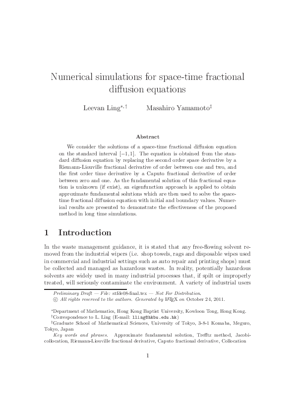 Pdf Numerical Simulations For Space Time Fractional Diffusion Equations