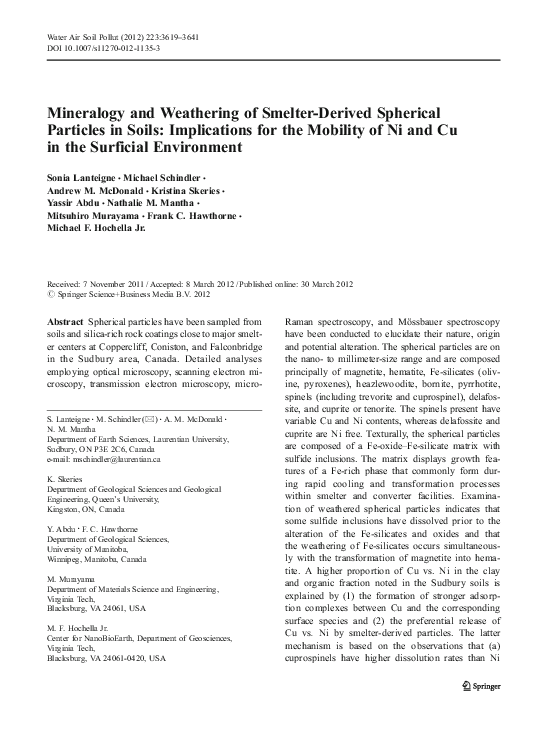 (PDF) Mineralogy and Weathering of Smelter-Derived Spherical Particles ...