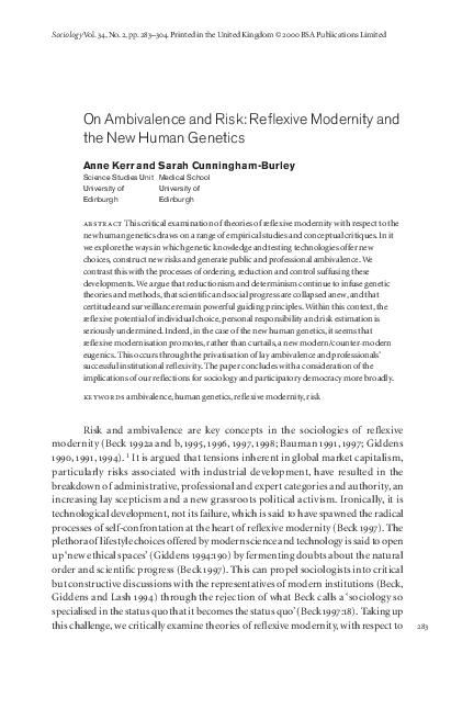 (PDF) On ambivalence and risk: reflexive modernity and the new human ...
