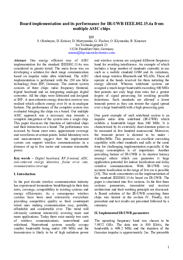 Pdf Board Implementation And Its Performance For Ir Uwb Ieee802154a From Multiple Asic Chips