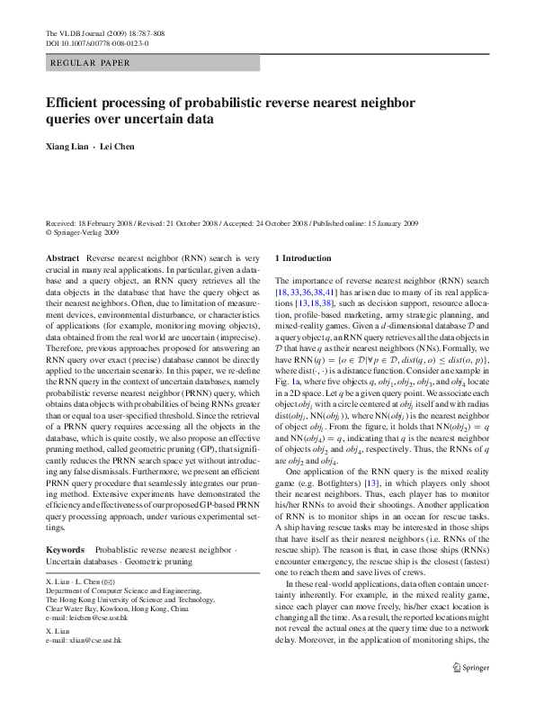 (PDF) Efficient processing of probabilistic reverse nearest neighbor queries over uncertain data ...