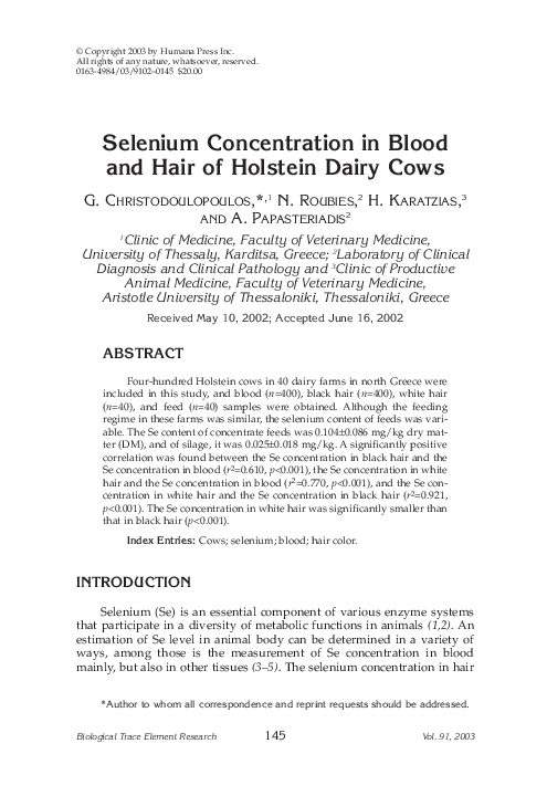 (PDF) Selenium Concentration in Blood and Hair of Holstein Dairy Cows