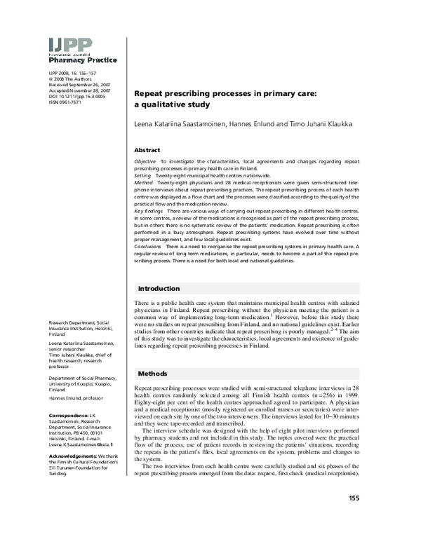(PDF) Repeat prescribing processes in primary care: a qualitative study