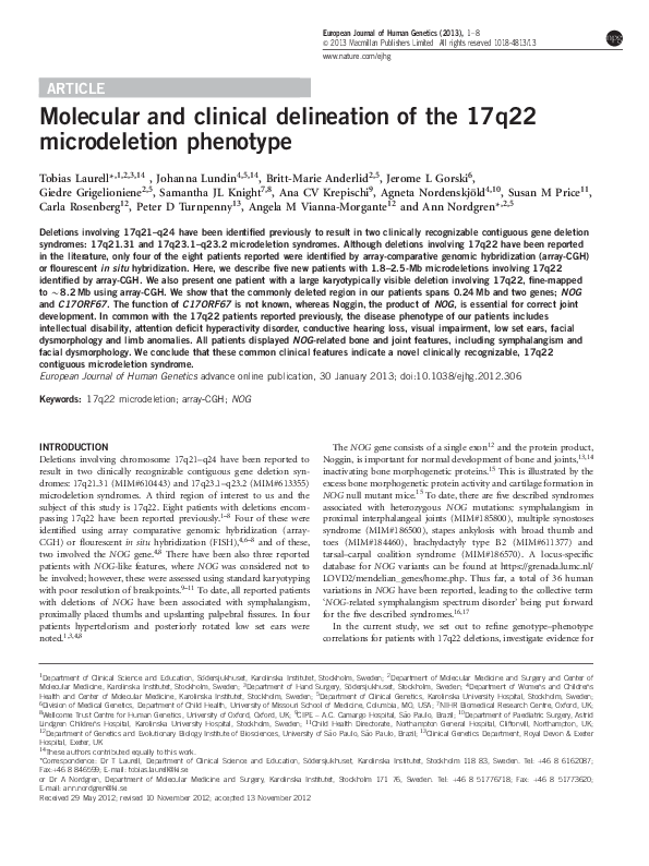 (PDF) Molecular and clinical delineation of the 17q22 microdeletion ...