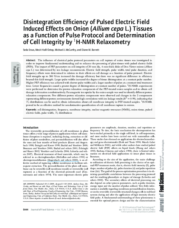 (PDF) Disintegration Efficiency of Pulsed Electric Field Induced ...