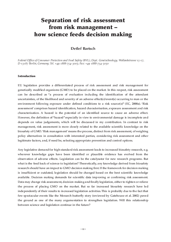 (PDF) Separation of risk assessment from risk management - how science ...