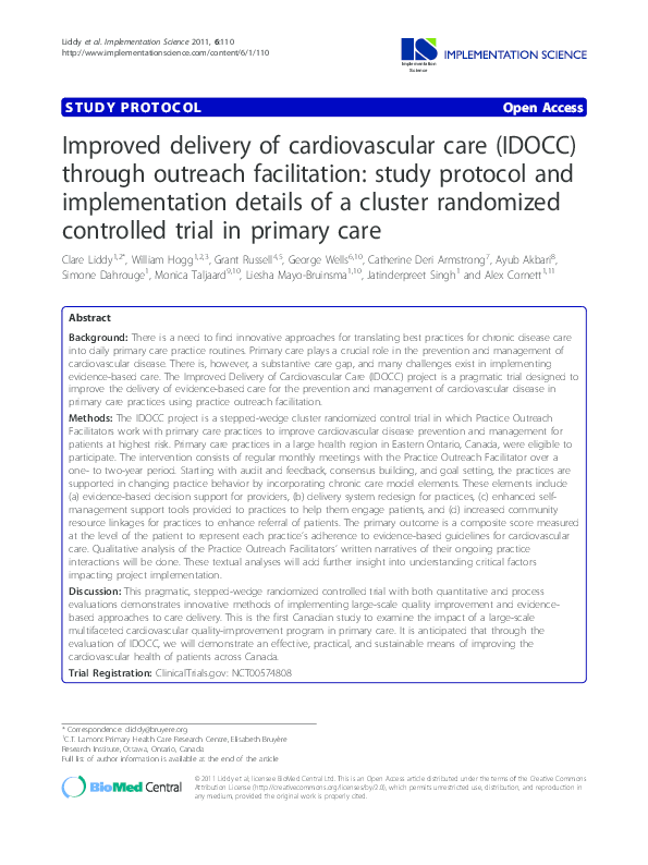 (PDF) Improved delivery of cardiovascular care (IDOCC) through outreach facilitation: study ...