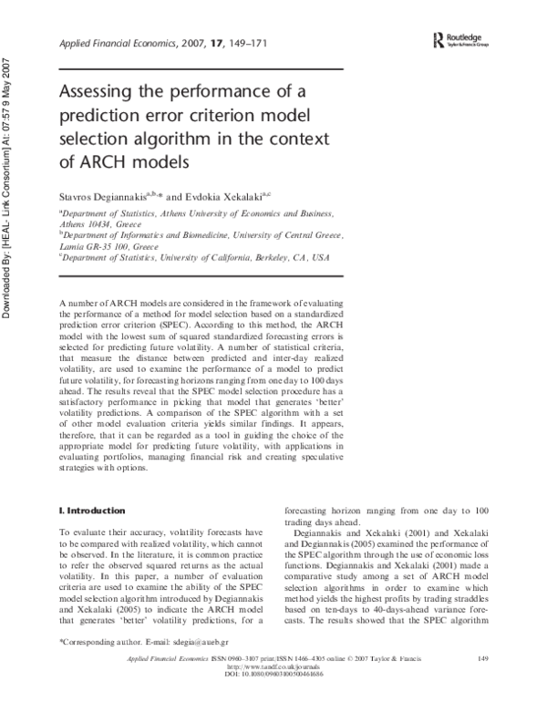 Pdf Assessing The Performance Of A Prediction Error Criterion Model Selection Algorithm In The