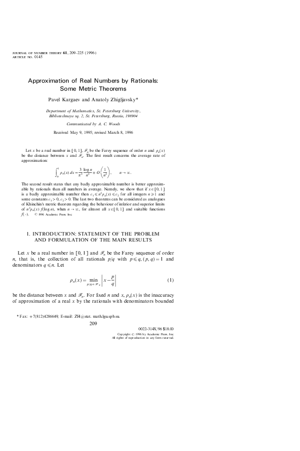 (PDF) Approximation of Real Numbers by Rationals: Some Metric Theorems