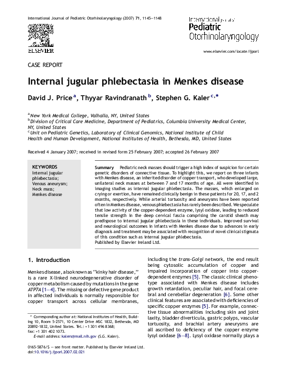 (PDF) Internal jugular phlebectasia in Menkes disease