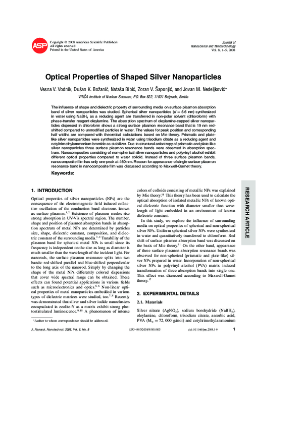 (PDF) Optical Properties of Shaped Silver Nanoparticles