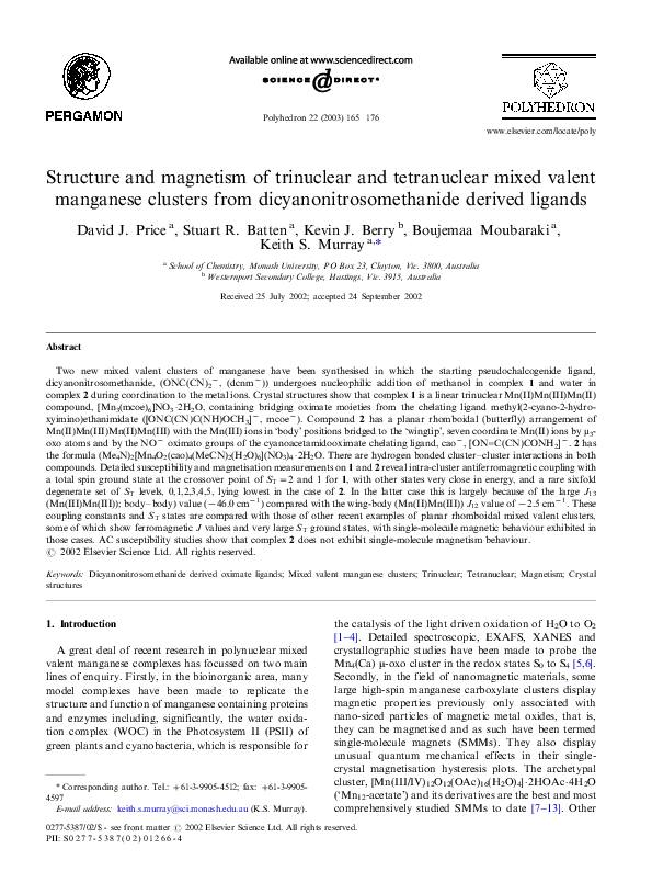 (PDF) Structure and magnetism of trinuclear and tetranuclear mixed valent manganese clusters ...