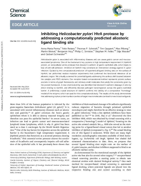 (PDF) Inhibiting Helicobacter pylori HtrA protease by addressing a computationally predicted ...