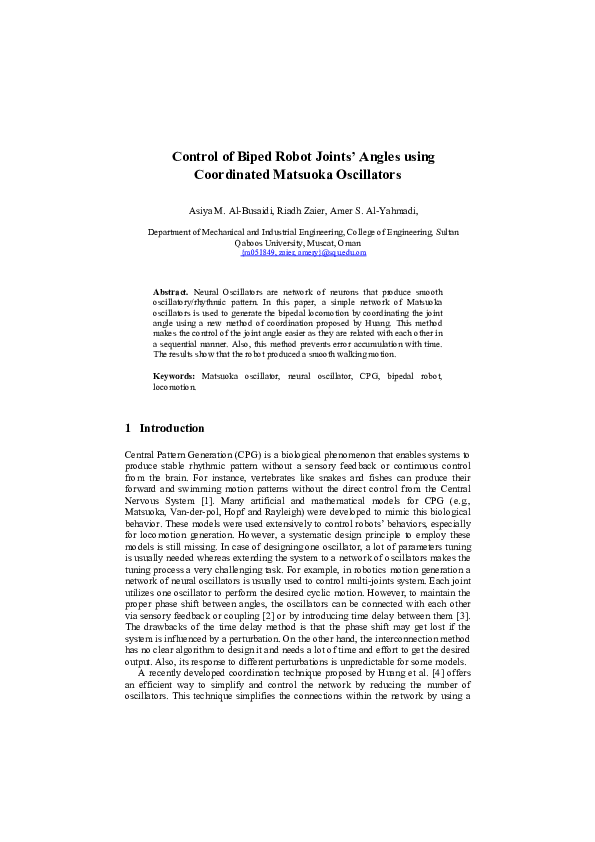 (PDF) Control of Biped Robot Joints’ Angles Using Coordinated Matsuoka Oscillators