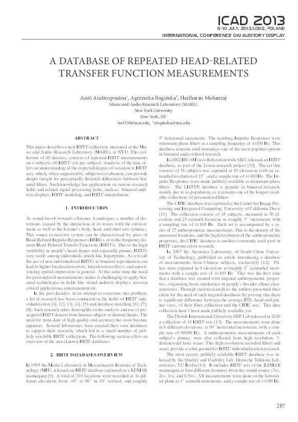 (PDF) A Database Of Repeated Head-Related Transfer Function Measurements