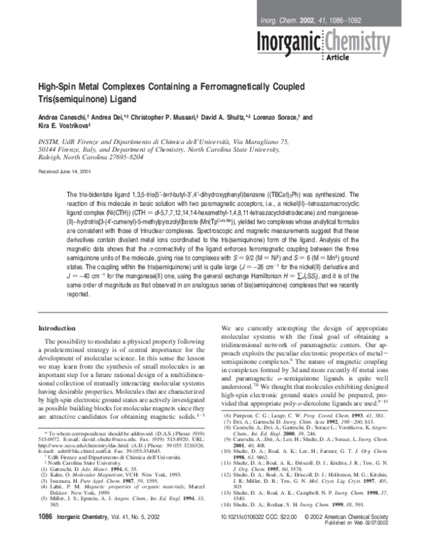 (PDF) High-Spin Metal Complexes Containing a Ferromagnetically Coupled ...