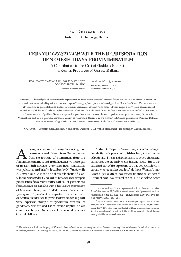(PDF) Ceramic crustulum with the representation of Nemesis-Diana from ...