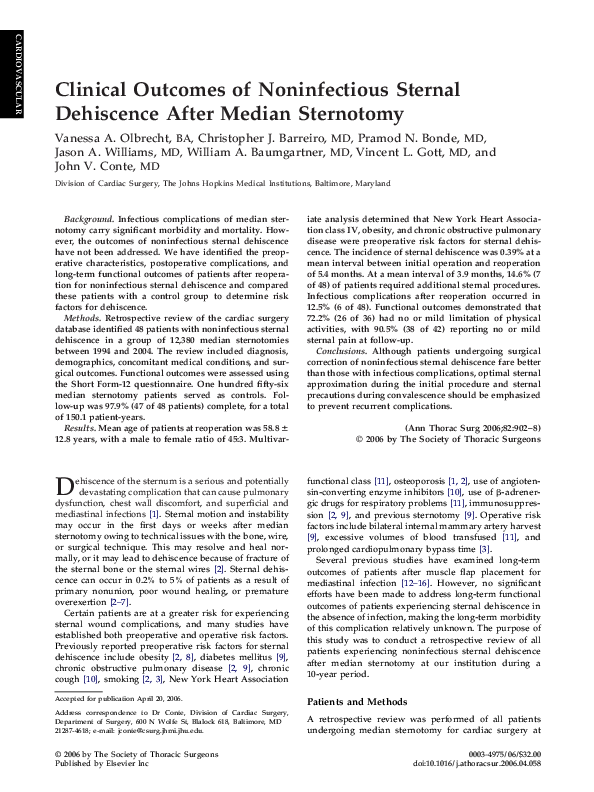 (PDF) Clinical Outcomes of Noninfectious Sternal Dehiscence After ...