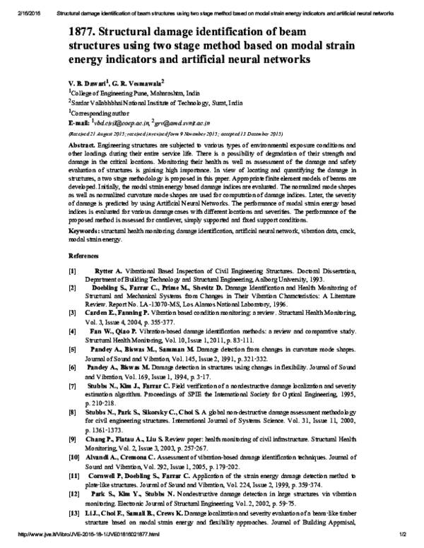 (PDF) Structural damage identification of beam structures using two stage method based on modal ...