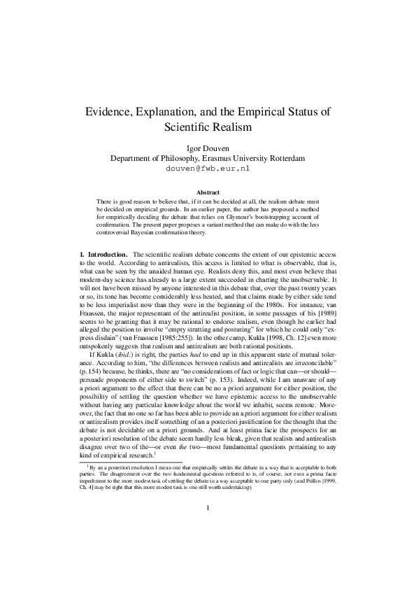 (PDF) Evidence, Explanation, and the Empirical Status of Scientific Realism