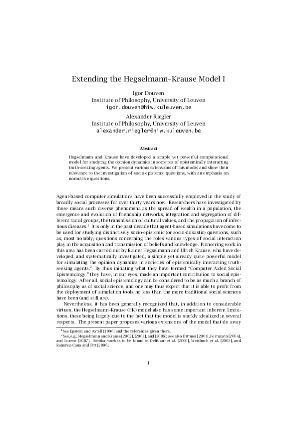 (PDF) Extending the Hegselmann-Krause Model I
