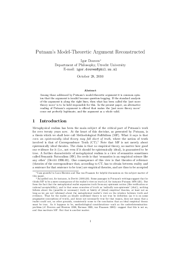(PDF) Putnam’s Model-Theoretic Argument Reconstructed