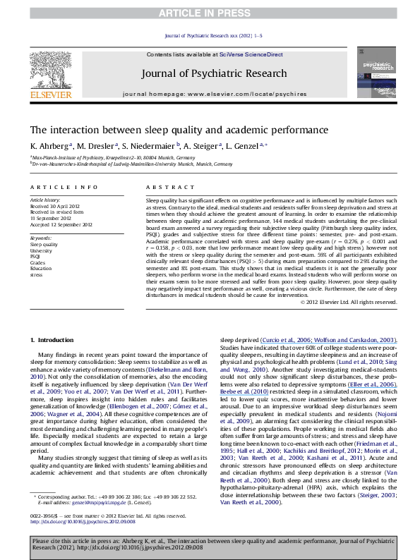(PDF) The interaction between sleep quality and academic performance