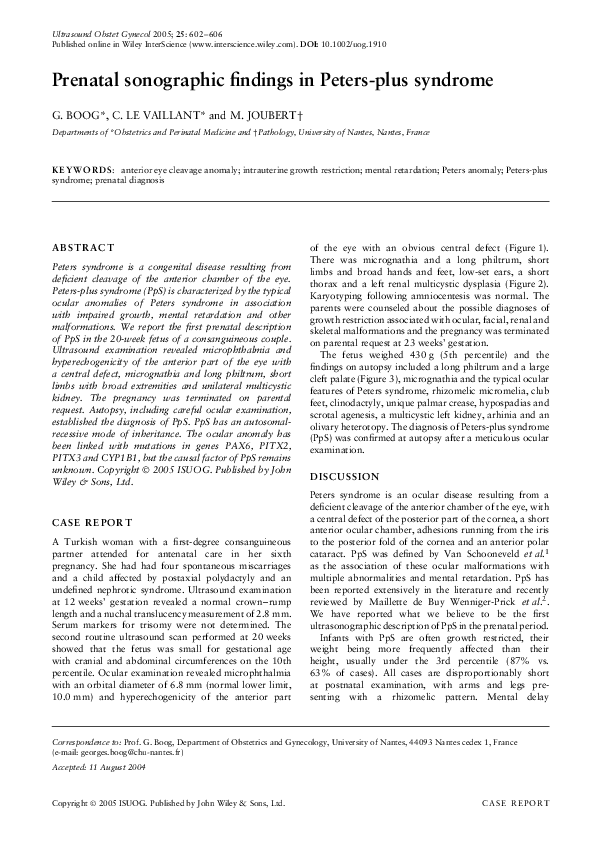 (PDF) Prenatal sonographic findings in Peters-plus syndrome