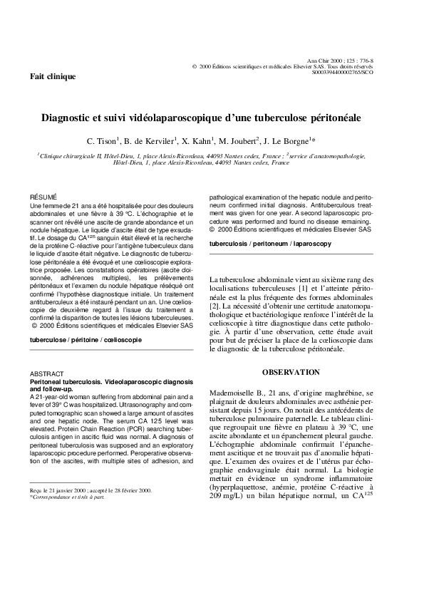 (PDF) Diagnostic et suivi vidéolaparoscopique d’une tuberculose péritonéale