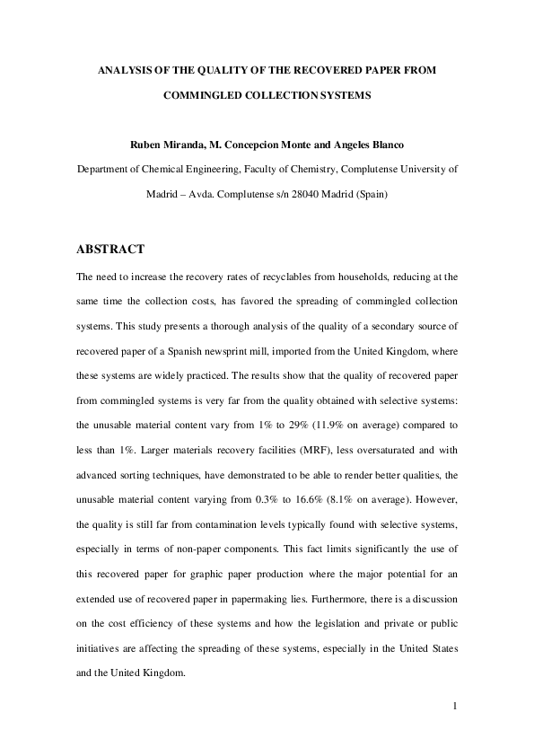 (PDF) Analysis of the quality of the recovered paper from commingled ...