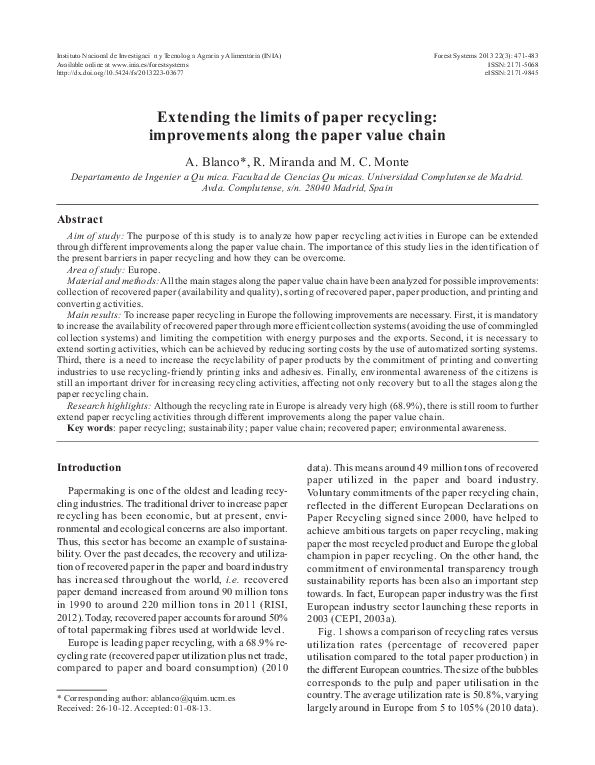 (PDF) Extending the limits of paper recycling - improvements along the ...