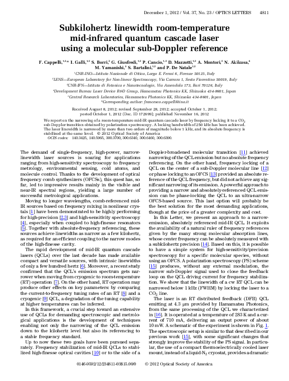 (PDF) Subkilohertz linewidth room-temperature mid-infrared quantum cascade laser using a ...