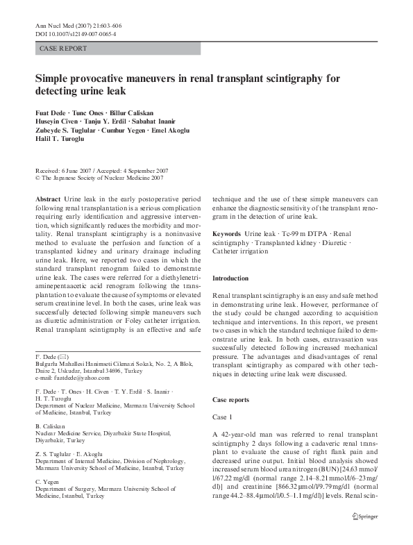 (PDF) Simple provocative maneuvers in renal transplant scintigraphy for detecting urine leak