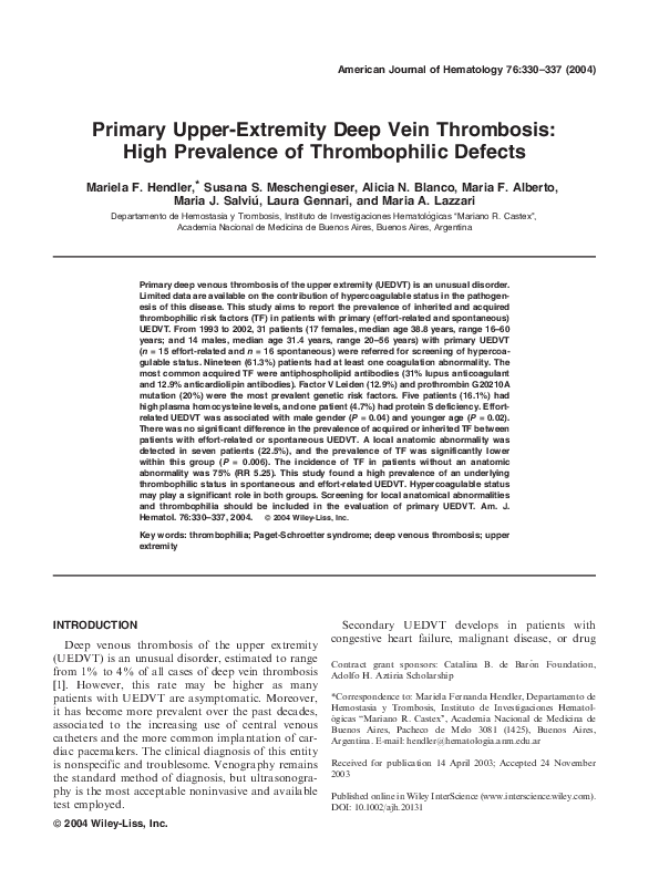 (PDF) Primary upper-extremity deep vein thrombosis: High prevalence of ...