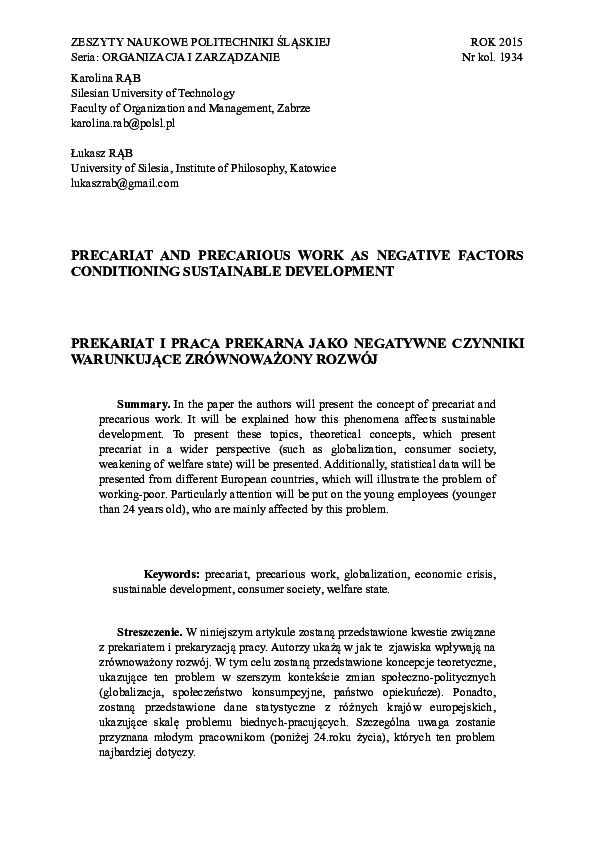 (PDF) Precariat and Precarious Work as Negative Factors Conditioning ...